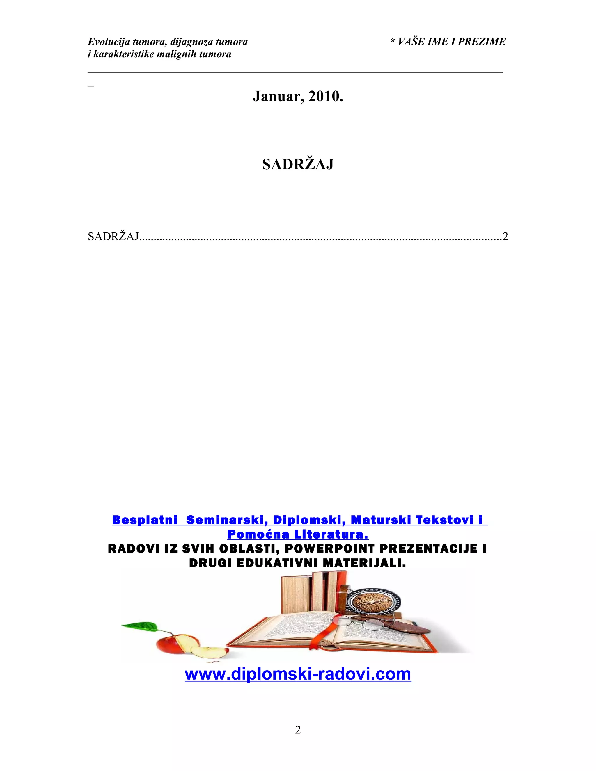 Evolucija tumora, dijagnoza tumora i karakteristike malignih tumora | PDF