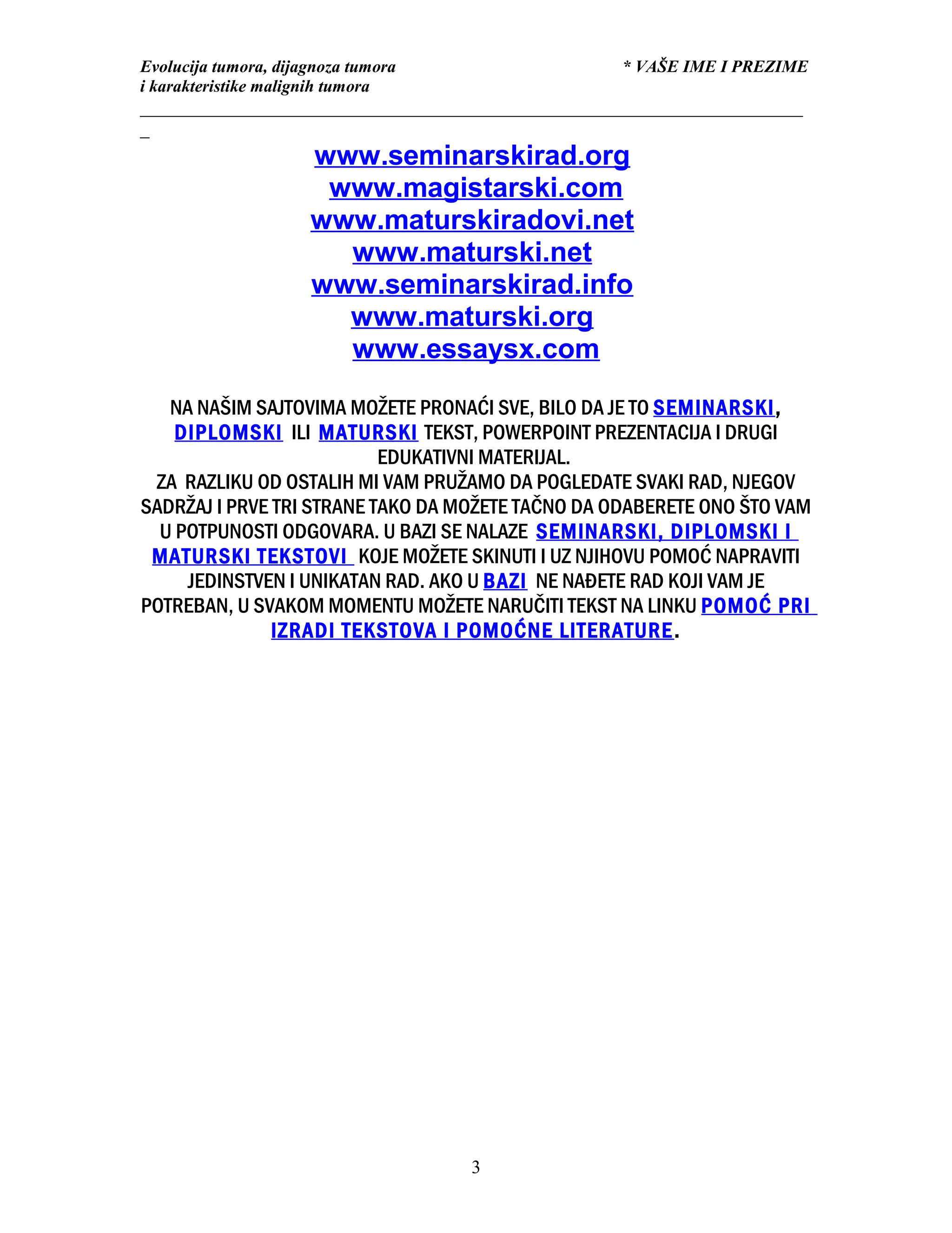 Evolucija tumora, dijagnoza tumora i karakteristike malignih tumora | PDF