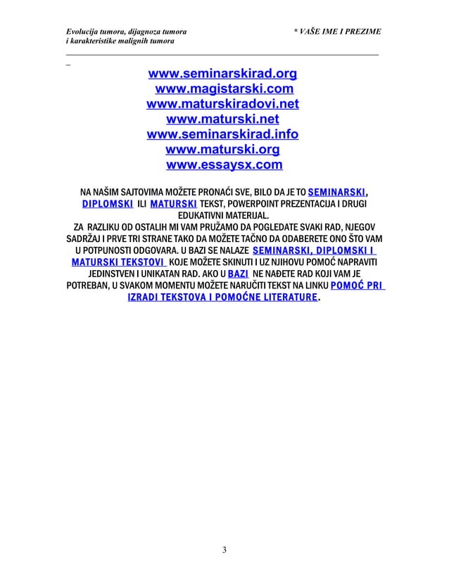 Evolucija tumora, dijagnoza tumora i karakteristike malignih tumora | PDF