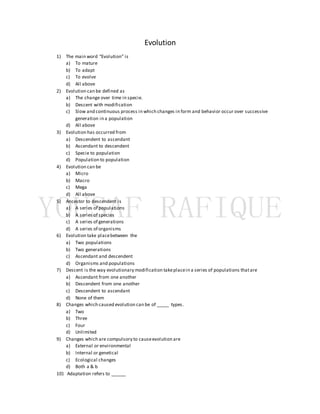 Multiple Choice Questions about Evolution | DOCX