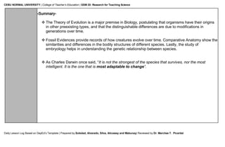 Semi Detailed Plan of Lesson in Teaching Biological Evolution | PDF