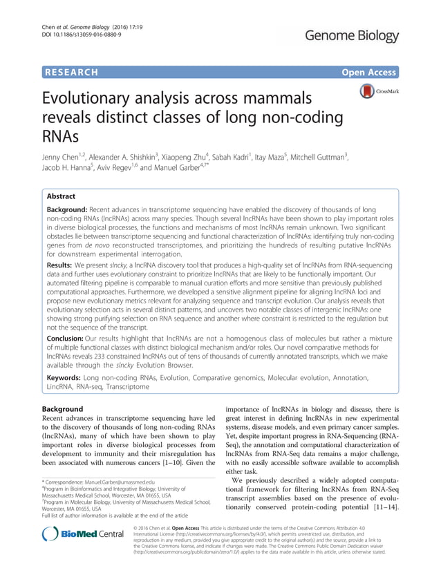 Evolutionary analysis across mammals reveals distinct classes of long non-coding RNAs | PDF ...