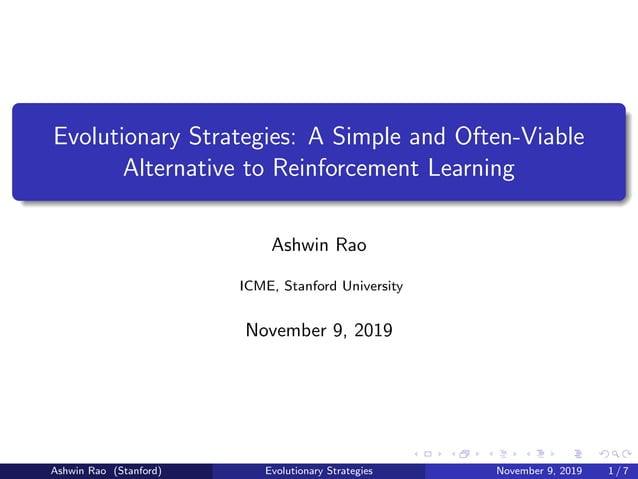 Evolutionary Strategies as an alternative to Reinforcement Learning | PPT