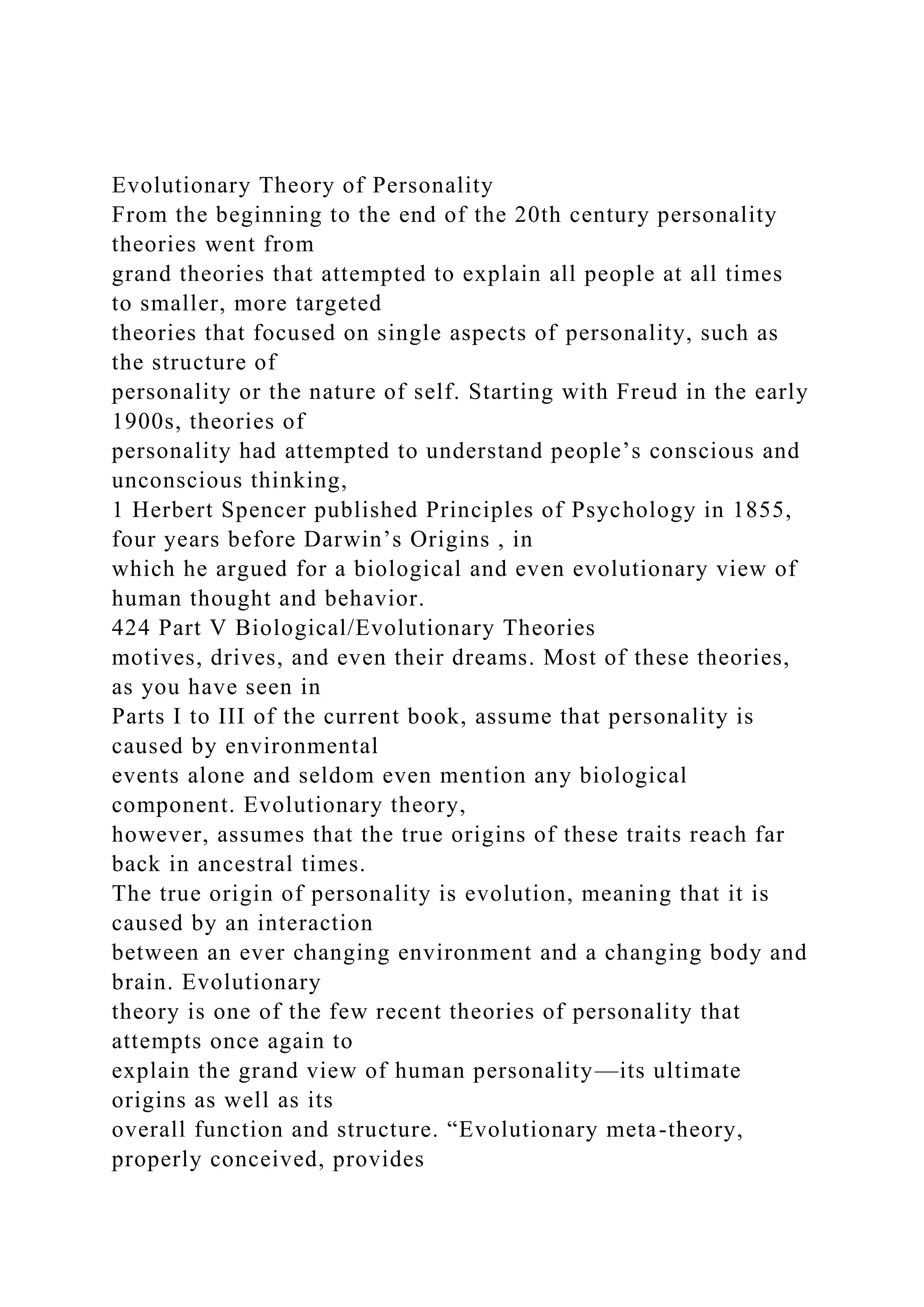Evolutionary Theory of PersonalityFrom the beginning to the end .docx