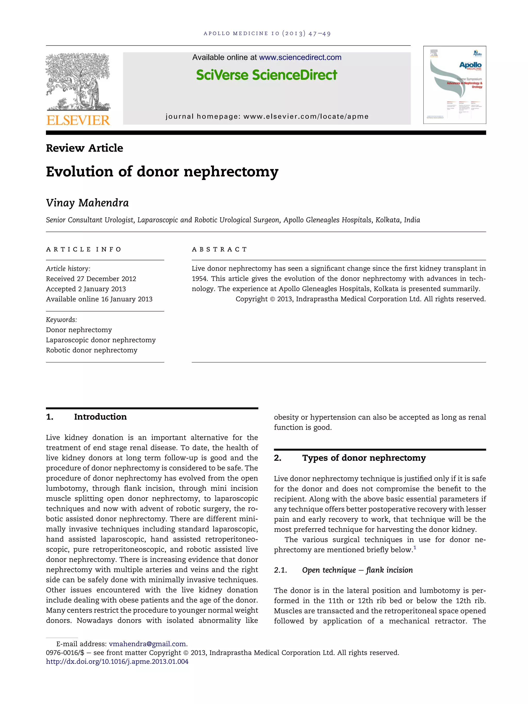 Evolution of donor nephrectomy | PDF