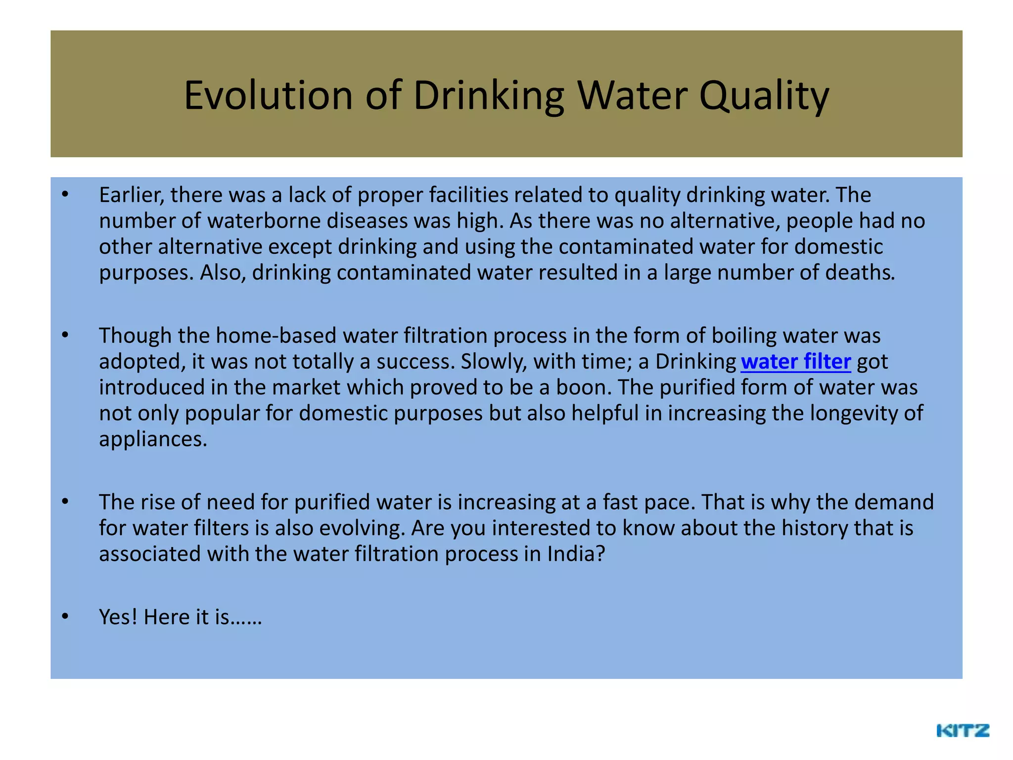 Evolution of Drinking Water Quality and its Filtration Process in India ...