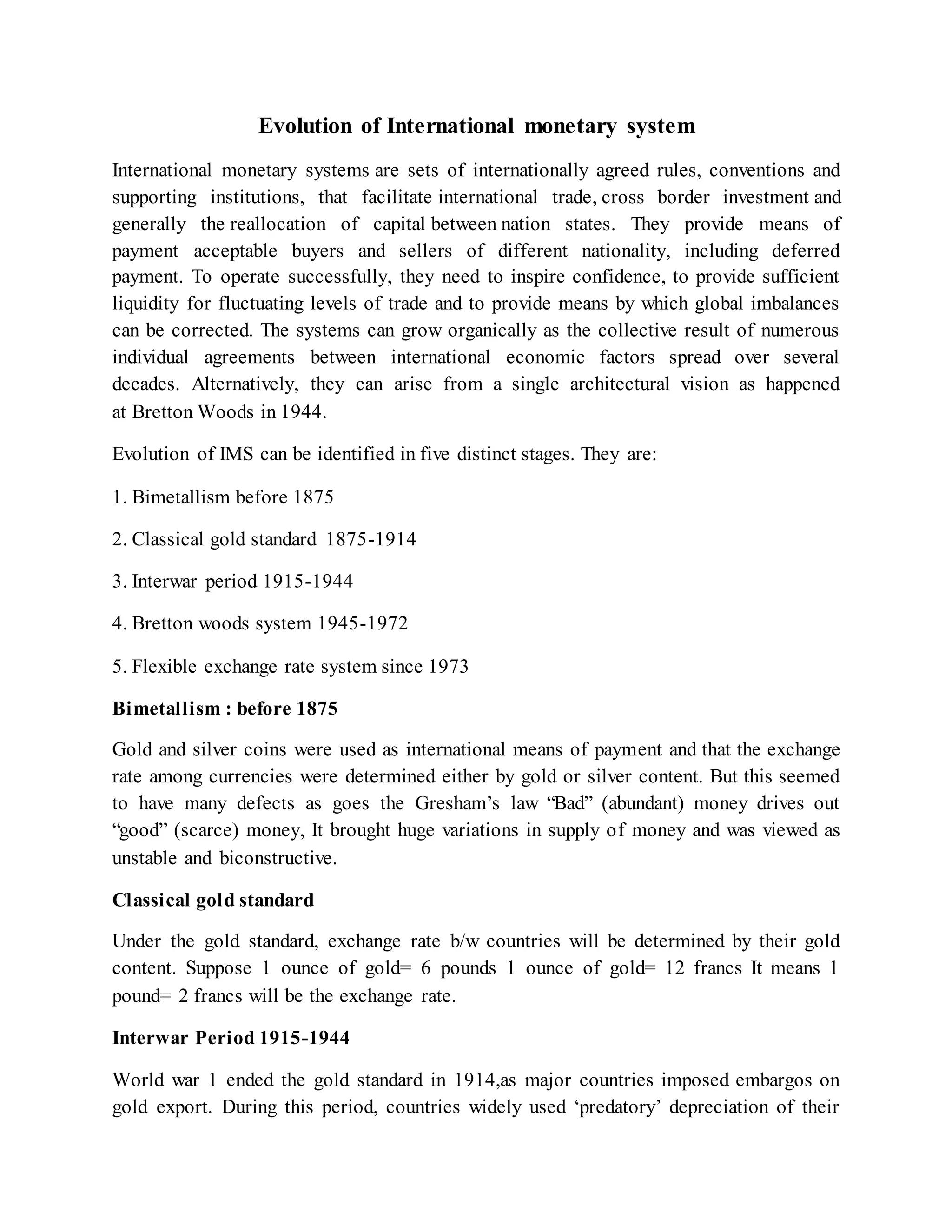 Evolution of international monetary system | DOCX