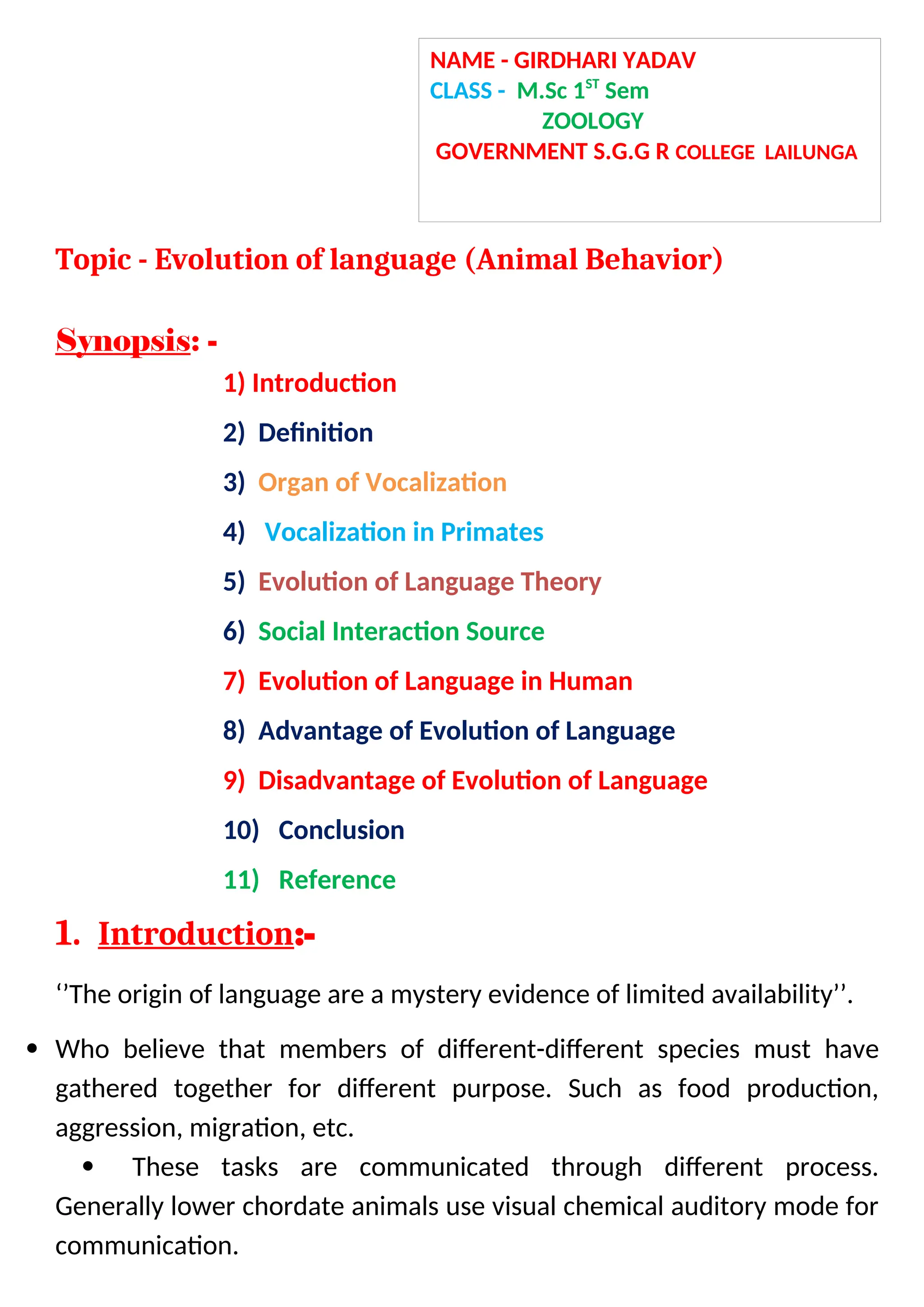 Evolution of language in primates Animal behaviour | DOCX