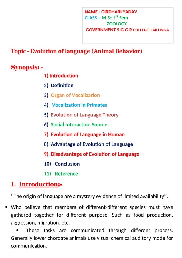 Evolution of language in primates Animal behaviour | DOCX