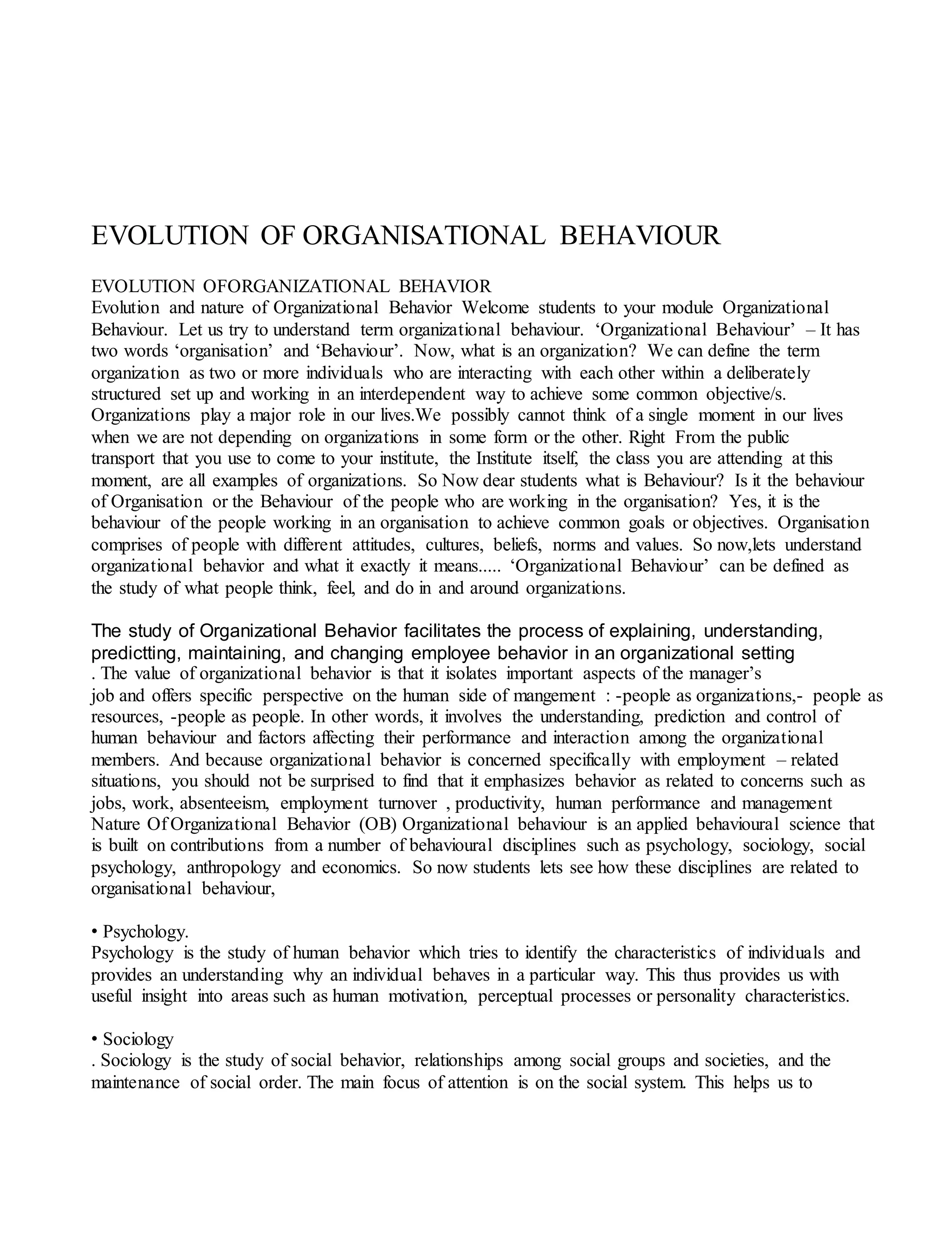 Evolution of organisational behaviour | DOCX | Business Administration ...