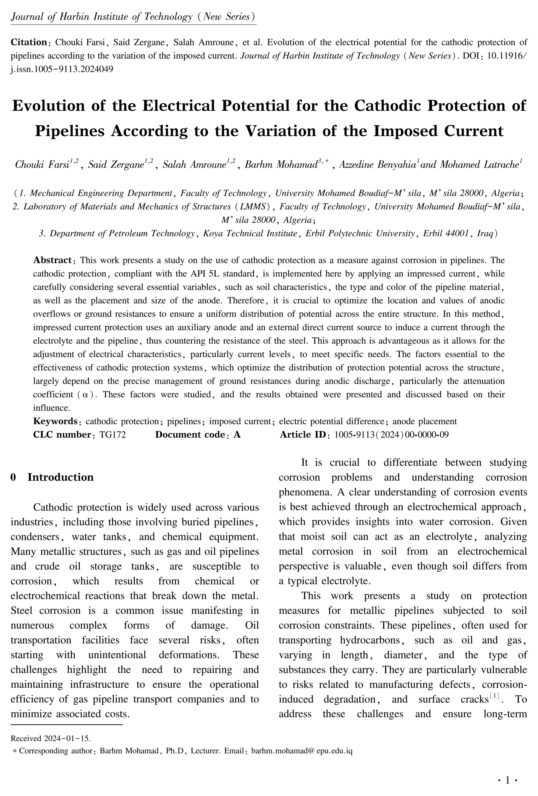 Evolution of the Electrical Potential for the Cathodic Protection of ...