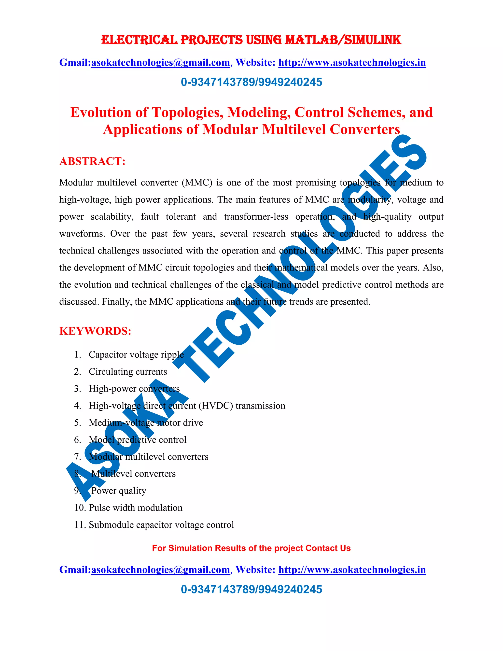 Evolution of topologies, modeling, control schemes, and applications of modular multilevel ...