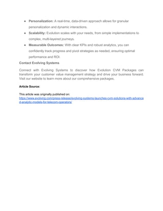 Evolving Systems Launches CVM Solutions with Advanced Analytic Models for Telecom Operators.pdf