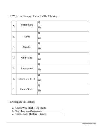 Environmental Science (EVS) : Plants Worksheet (Class II) | PDF ...