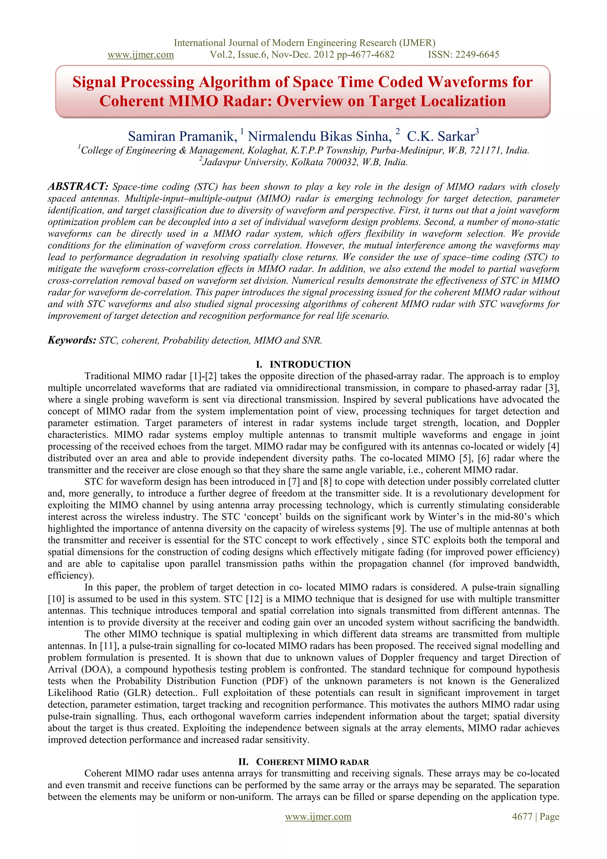 Signal Processing Algorithm of Space Time Coded Waveforms for Coherent MIMO Radar: Overview on ...