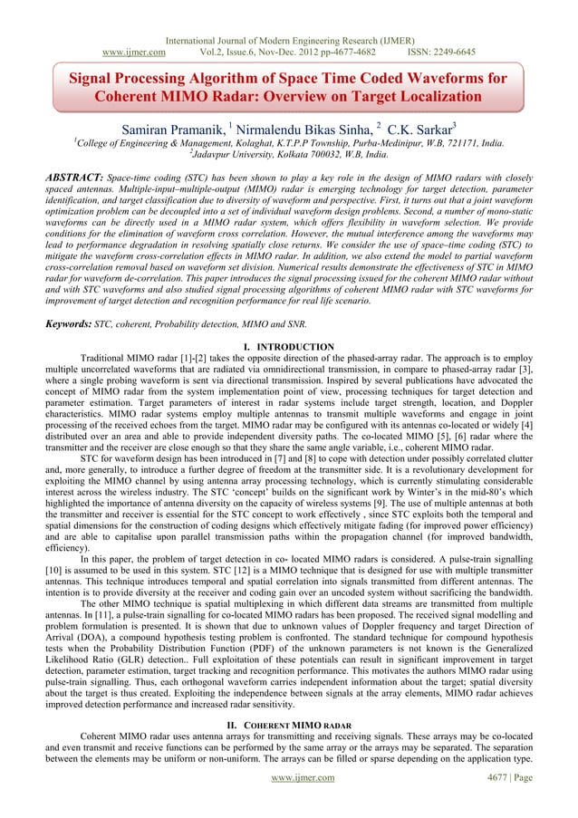 Signal Processing Algorithm of Space Time Coded Waveforms for Coherent MIMO Radar: Overview on ...