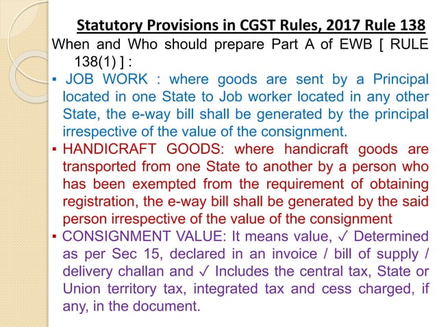 STATUTORY PROVISIONS FOR ELECTRONIC WAY BILL | PPT