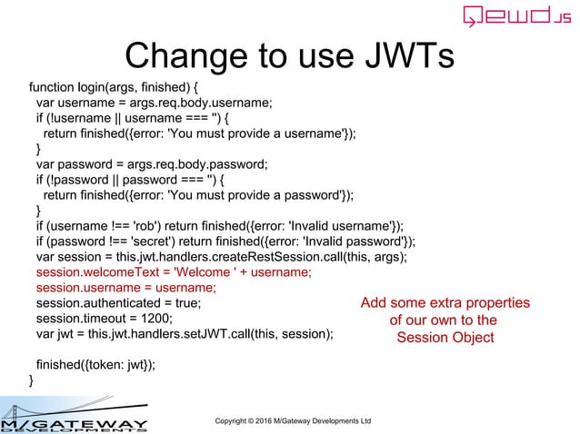 EWD 3 Training Course Part 43: Using JSON Web Tokens with QEWD REST Services | PPT