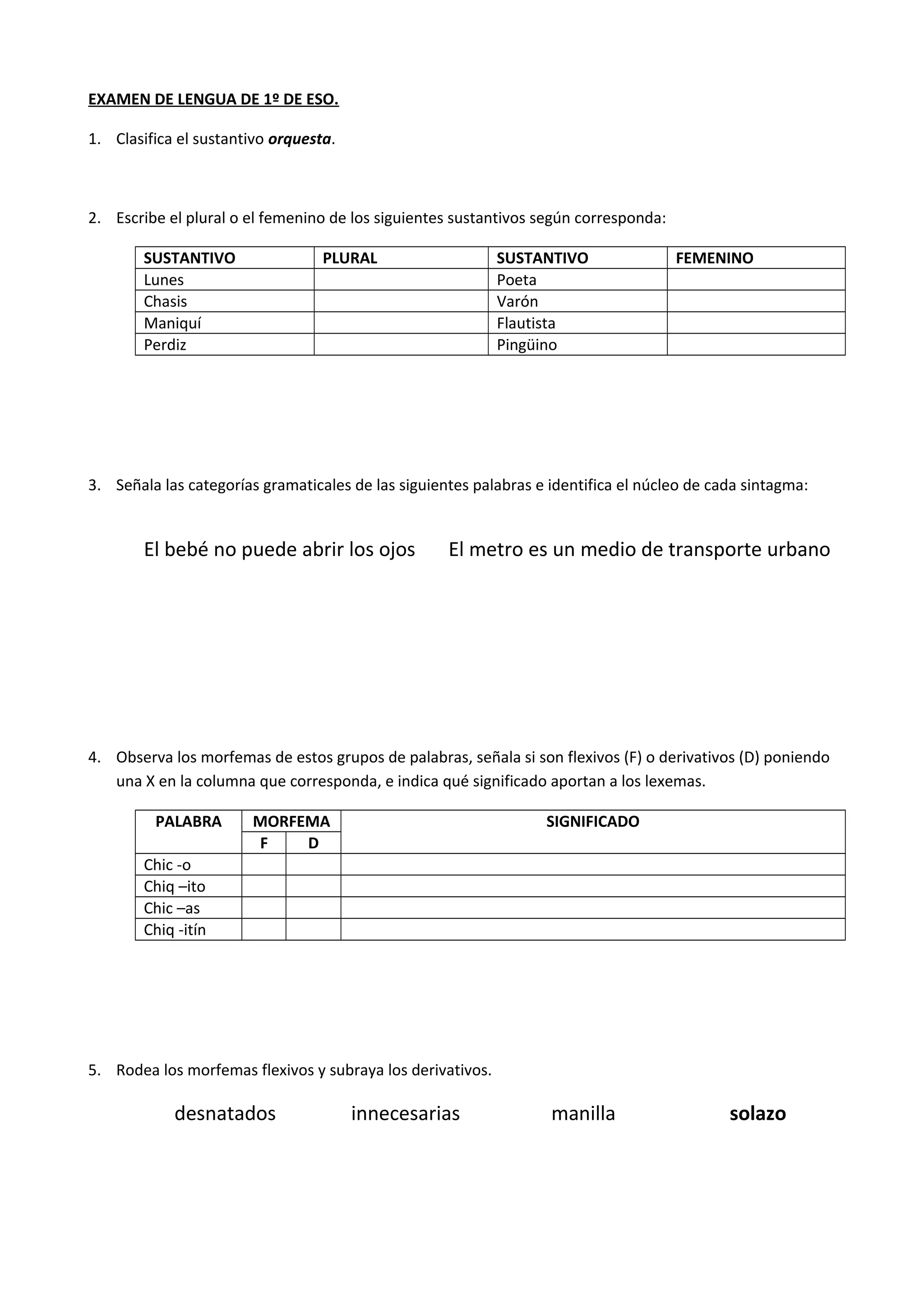EXAMEN DE LENGUA DE 1º DE ESO | DOC