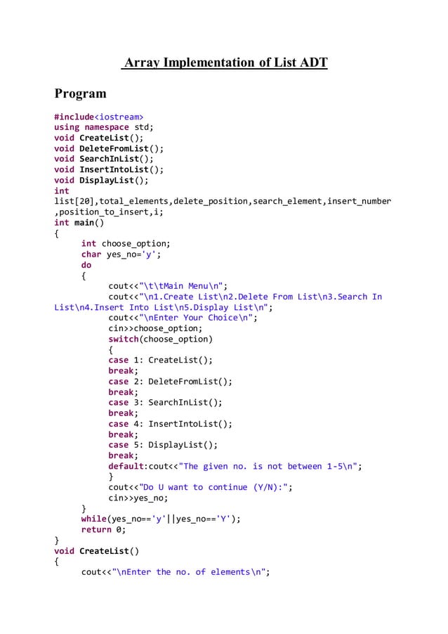 array implementation | DOCX | Programming Languages | Computing