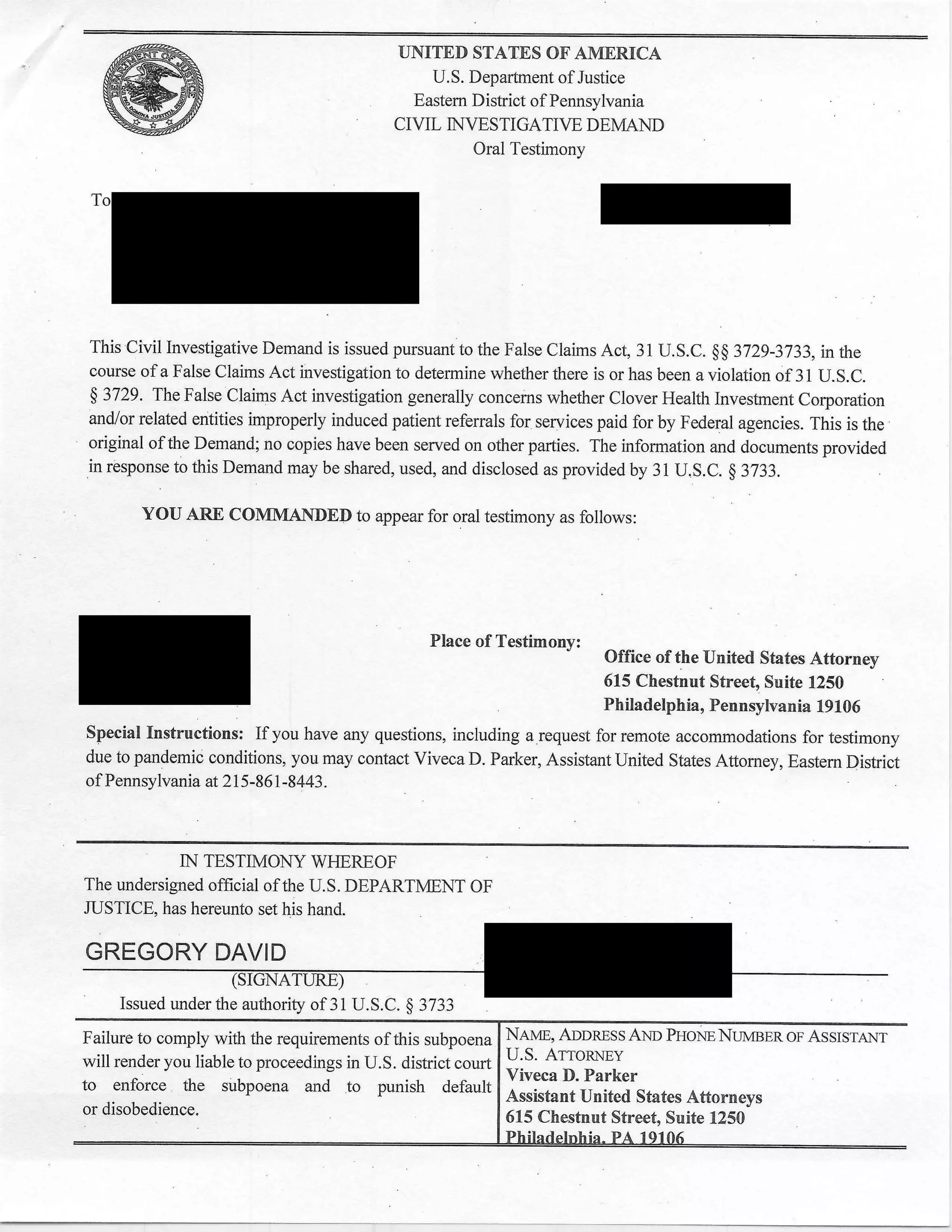 Clover Civil Investigative Demand (Redacted) | PDF