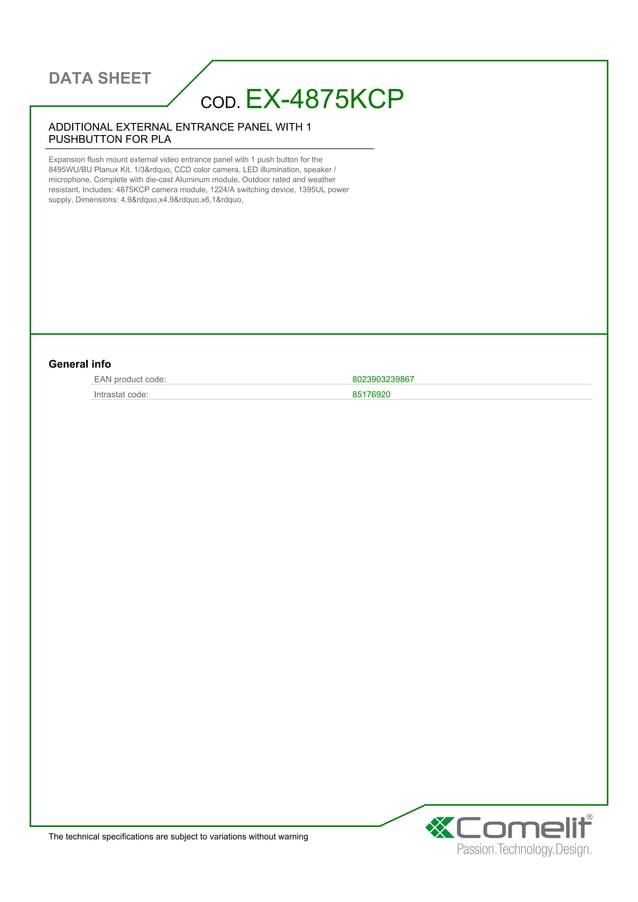 Comelit EX-4875KCP Data Sheet | PDF