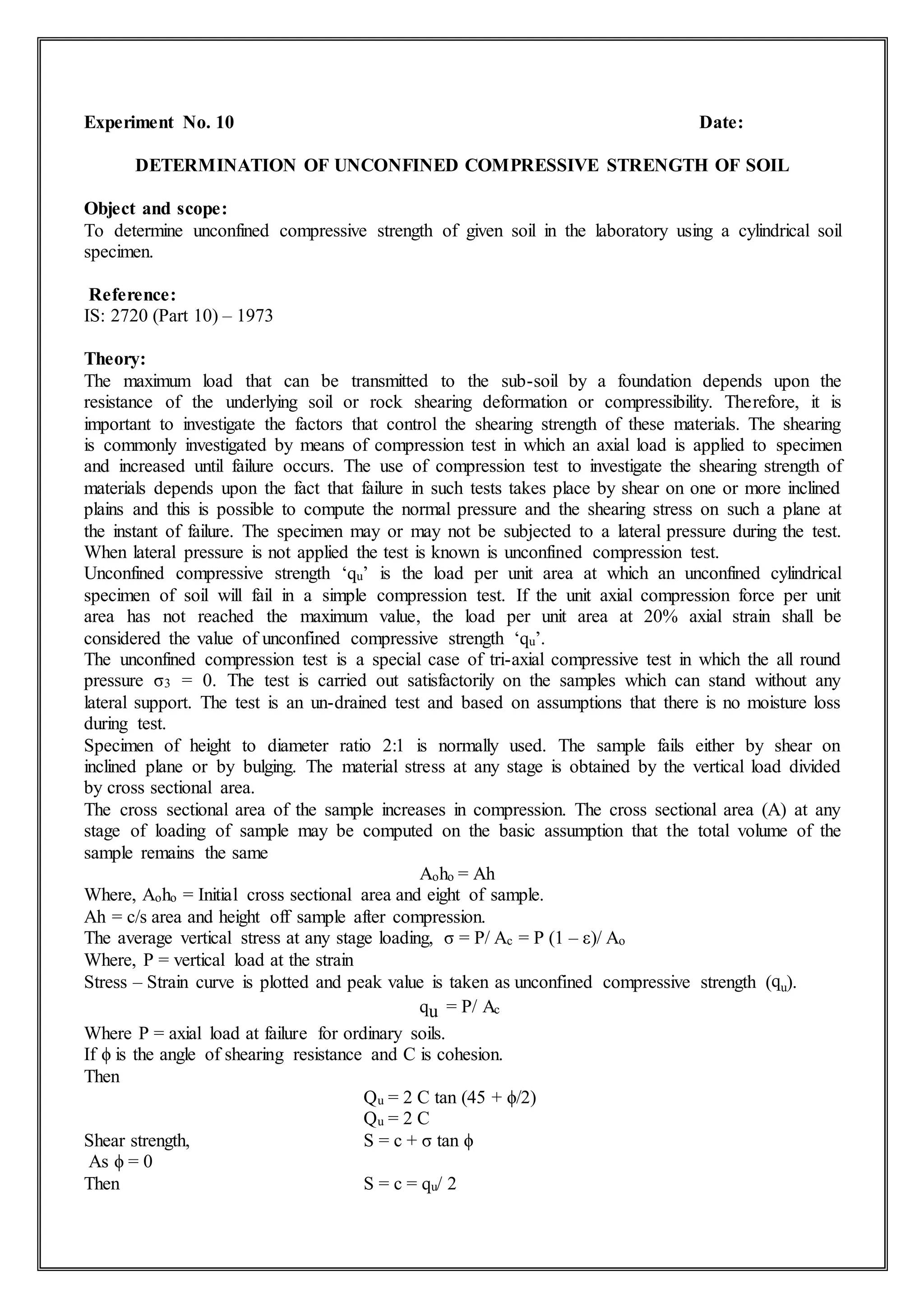 Ex 10 unconfined compression test | DOC