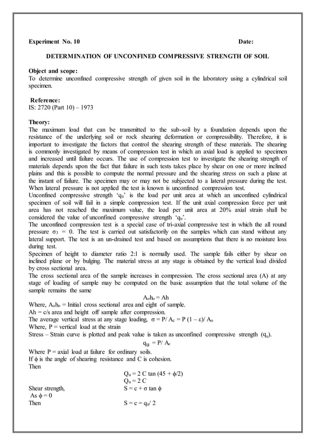 Ex 10 unconfined compression test | DOC | Geology | Science