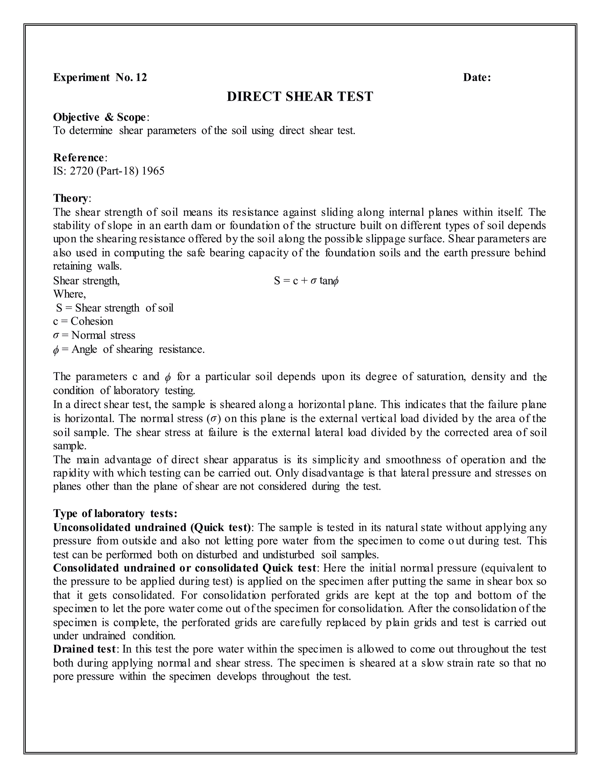 Ex 12 direct shear test | DOCX