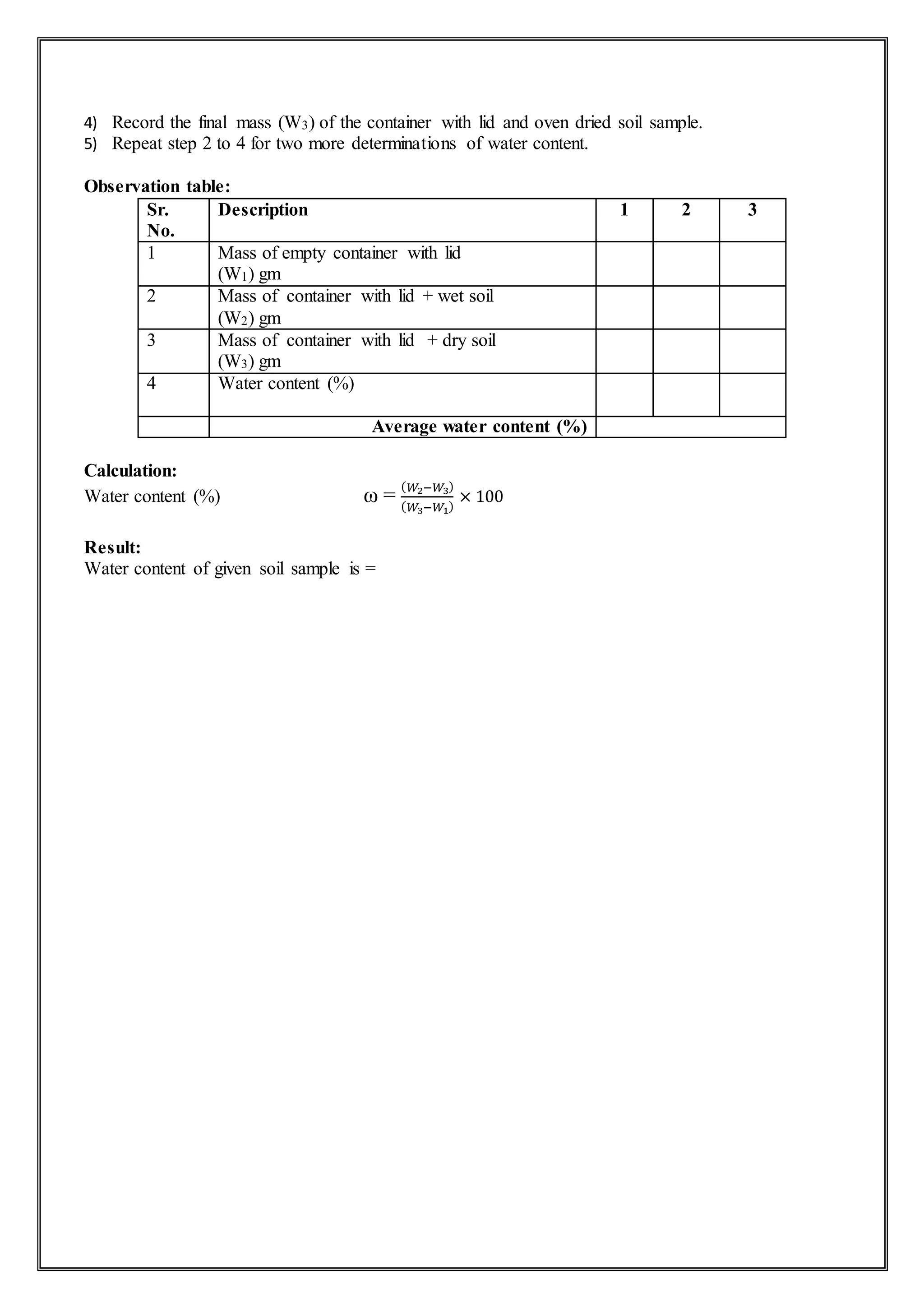 Ex 1 water content by oven dry method | DOCX