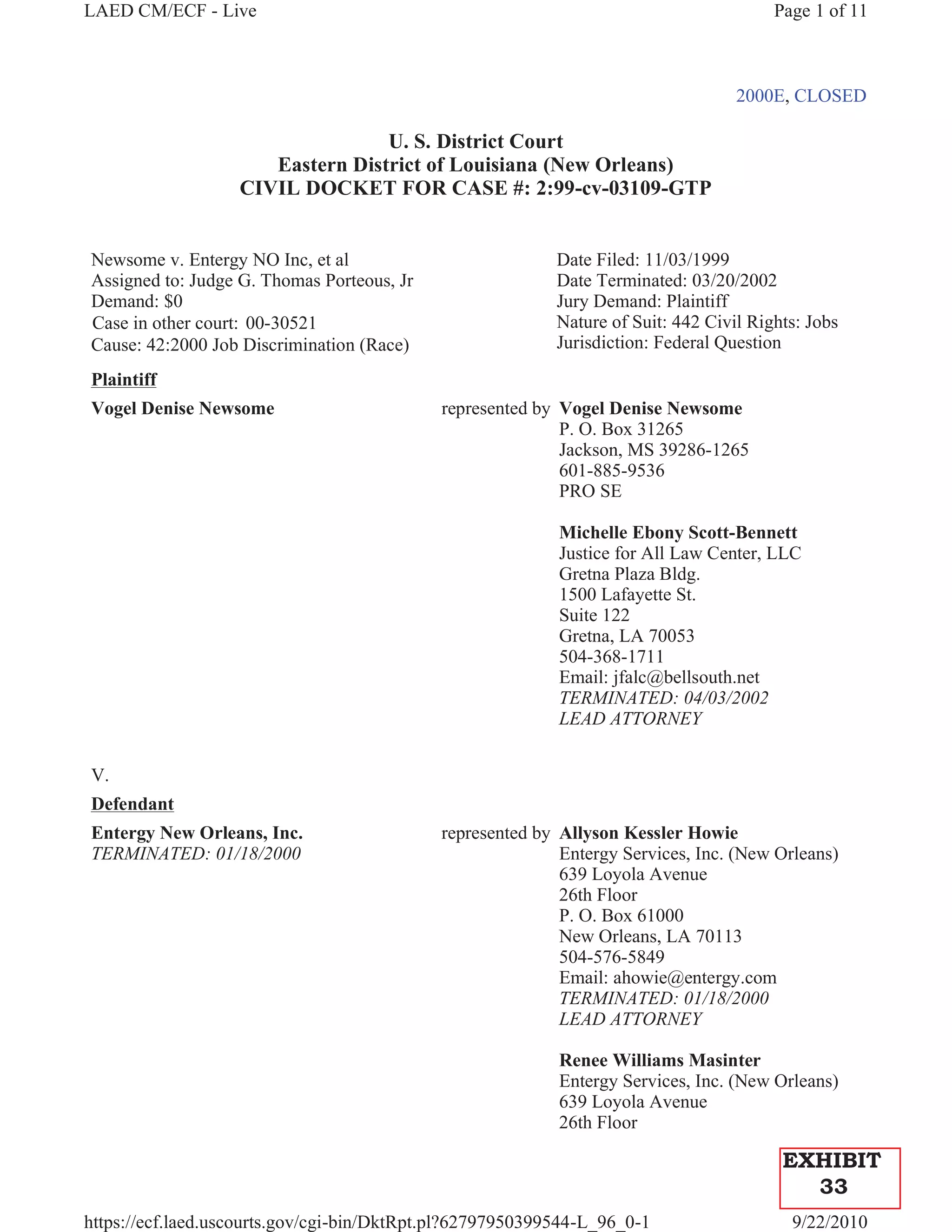 DOCKET SHEET in Newsome vs. Entergy Services Inc/Entergy New Orleans | PDF