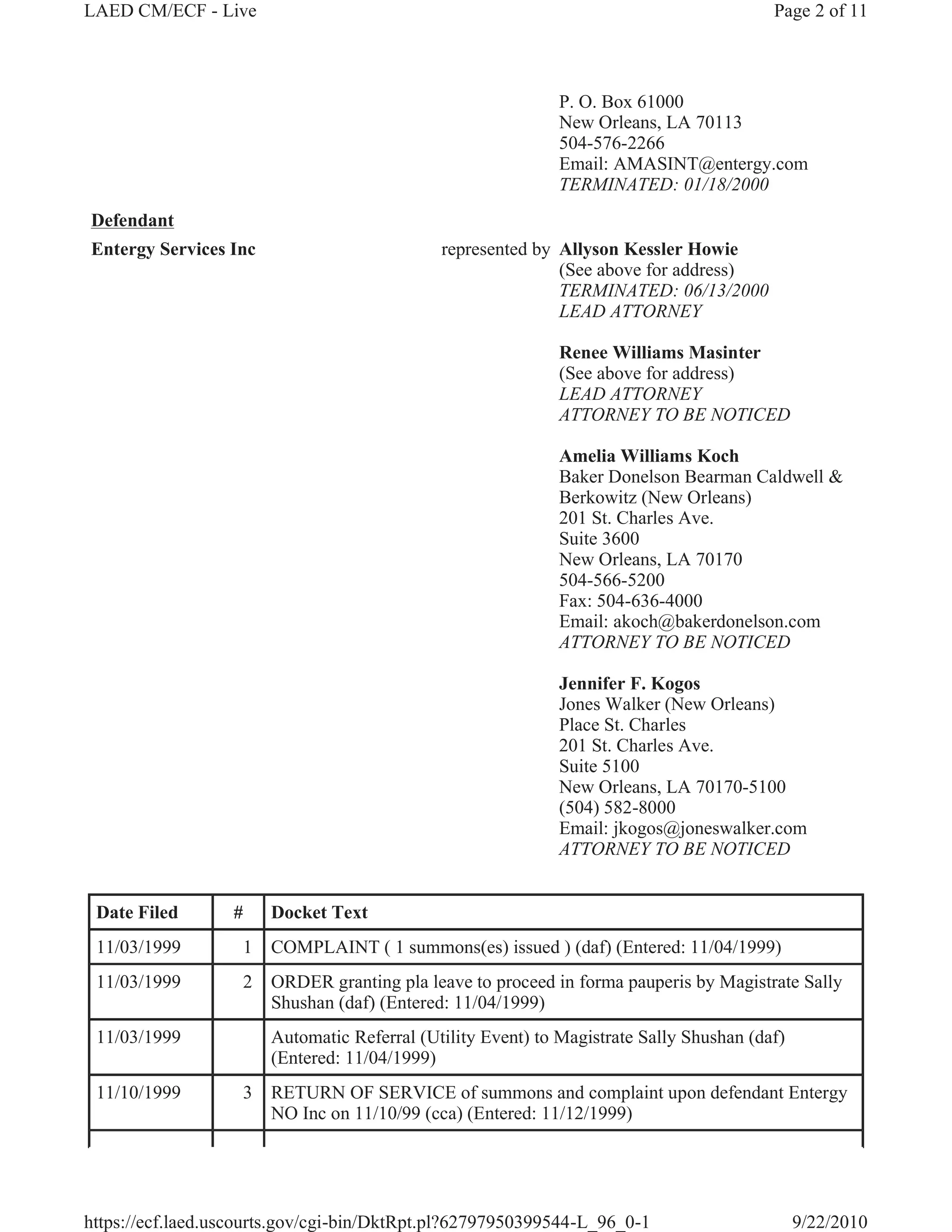 DOCKET SHEET in Newsome vs. Entergy Services Inc/Entergy New Orleans | PDF