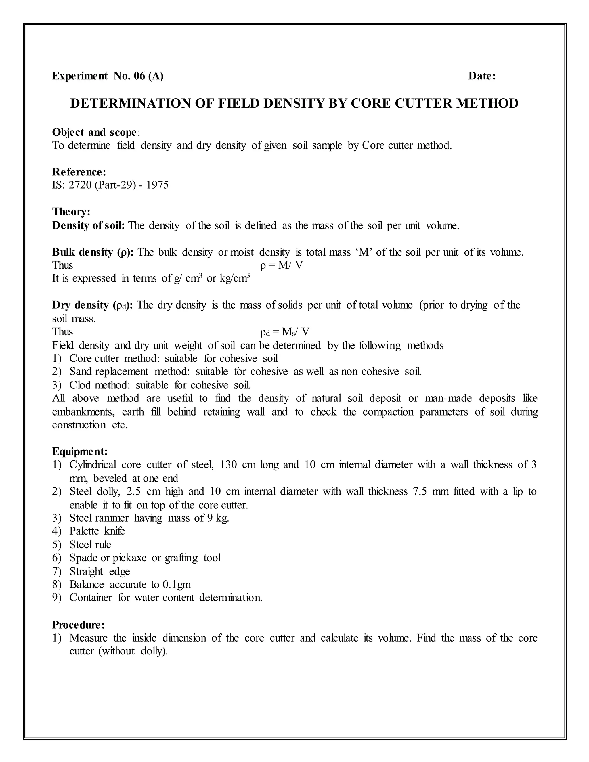 Ex 6 a field density by core cutter | DOC