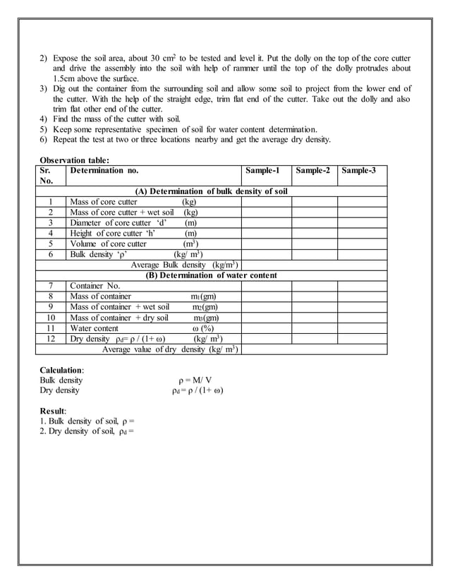 Ex 6 a field density by core cutter | DOC