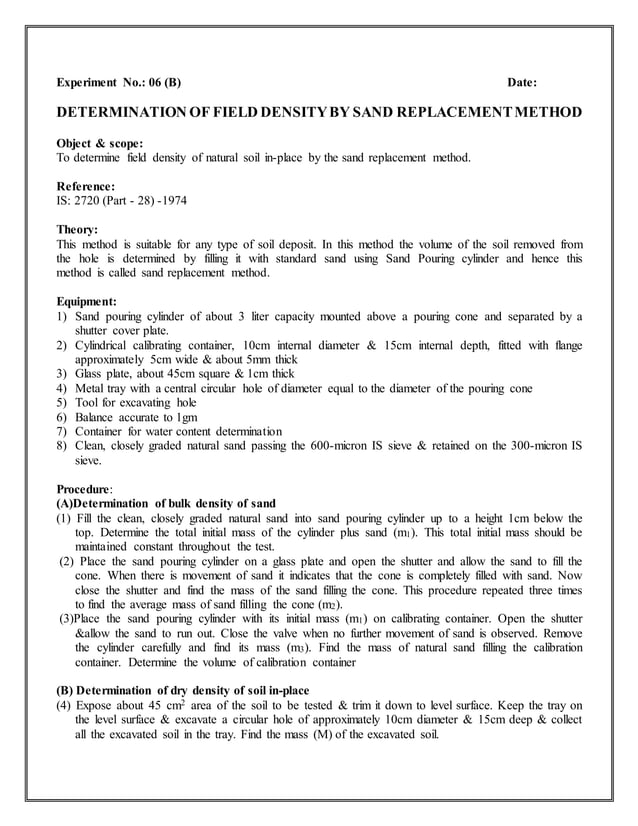 Ex 6 b field density by sand replacement method | DOC | Geology | Science