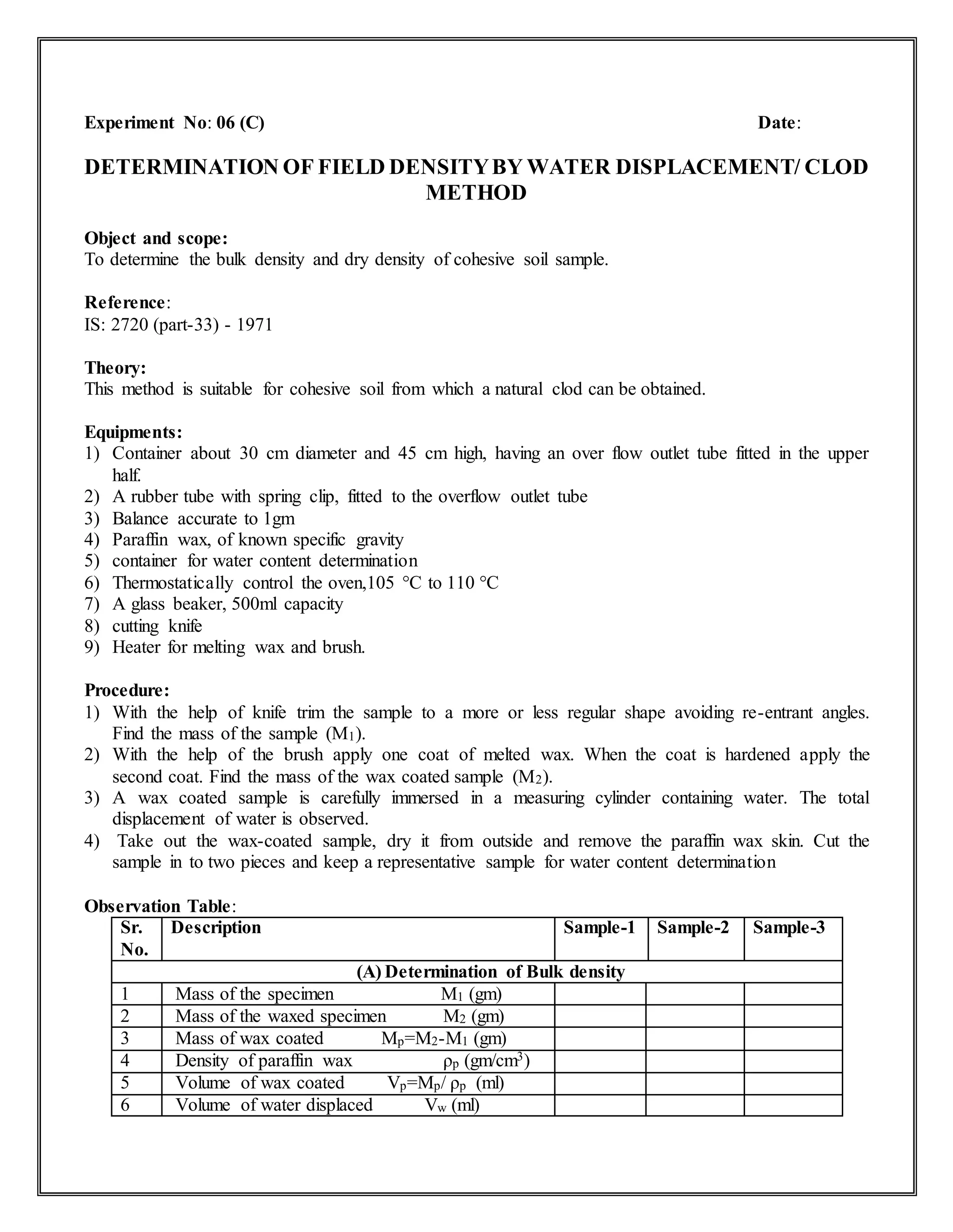 Ex 6 c field density by clod method | DOC