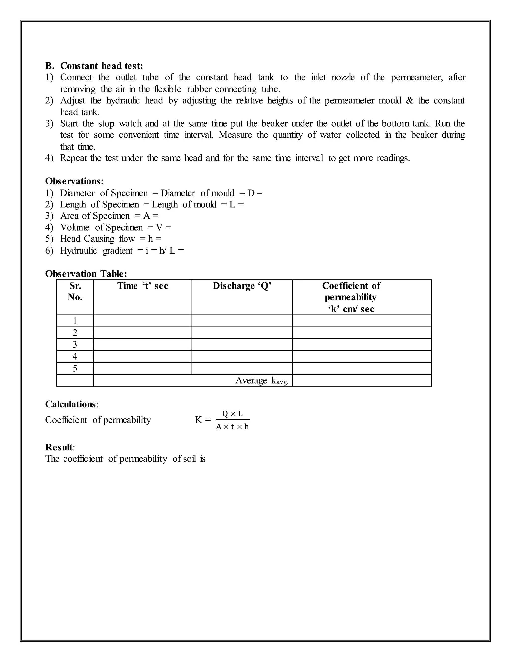 Ex 7 a permeability by constant head | DOCX