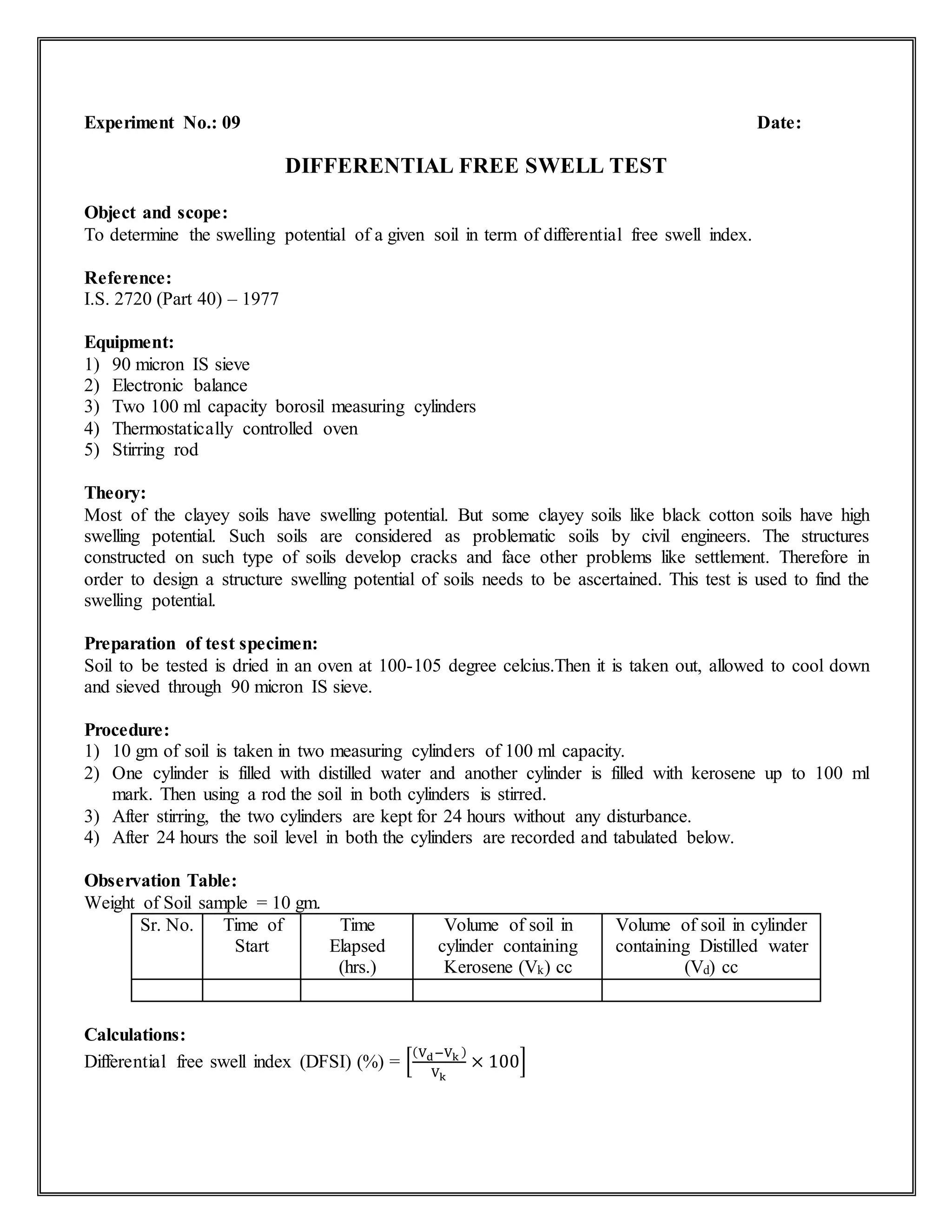 Ex 9 differential free swell test | DOCX
