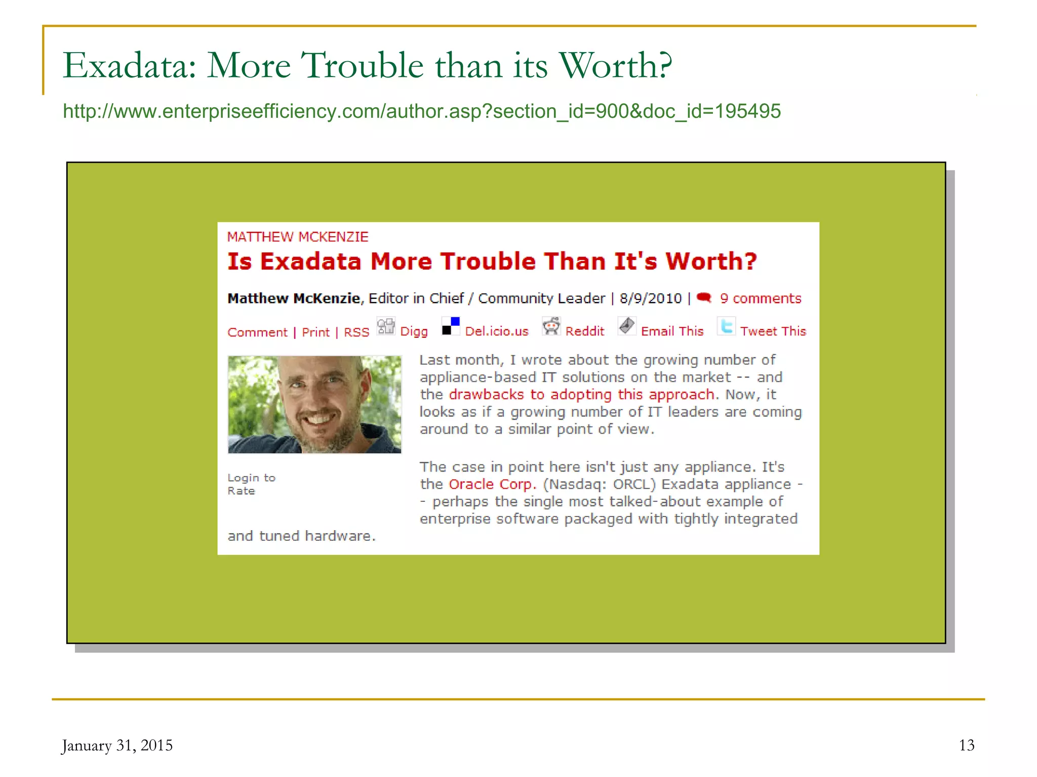 Oracle Exadata - Issues and Challenges | PPT