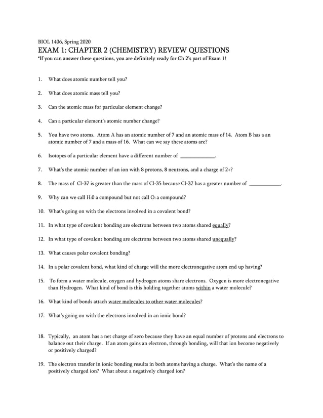 Exam 1 chapter 2 chemistry review questions | PDF