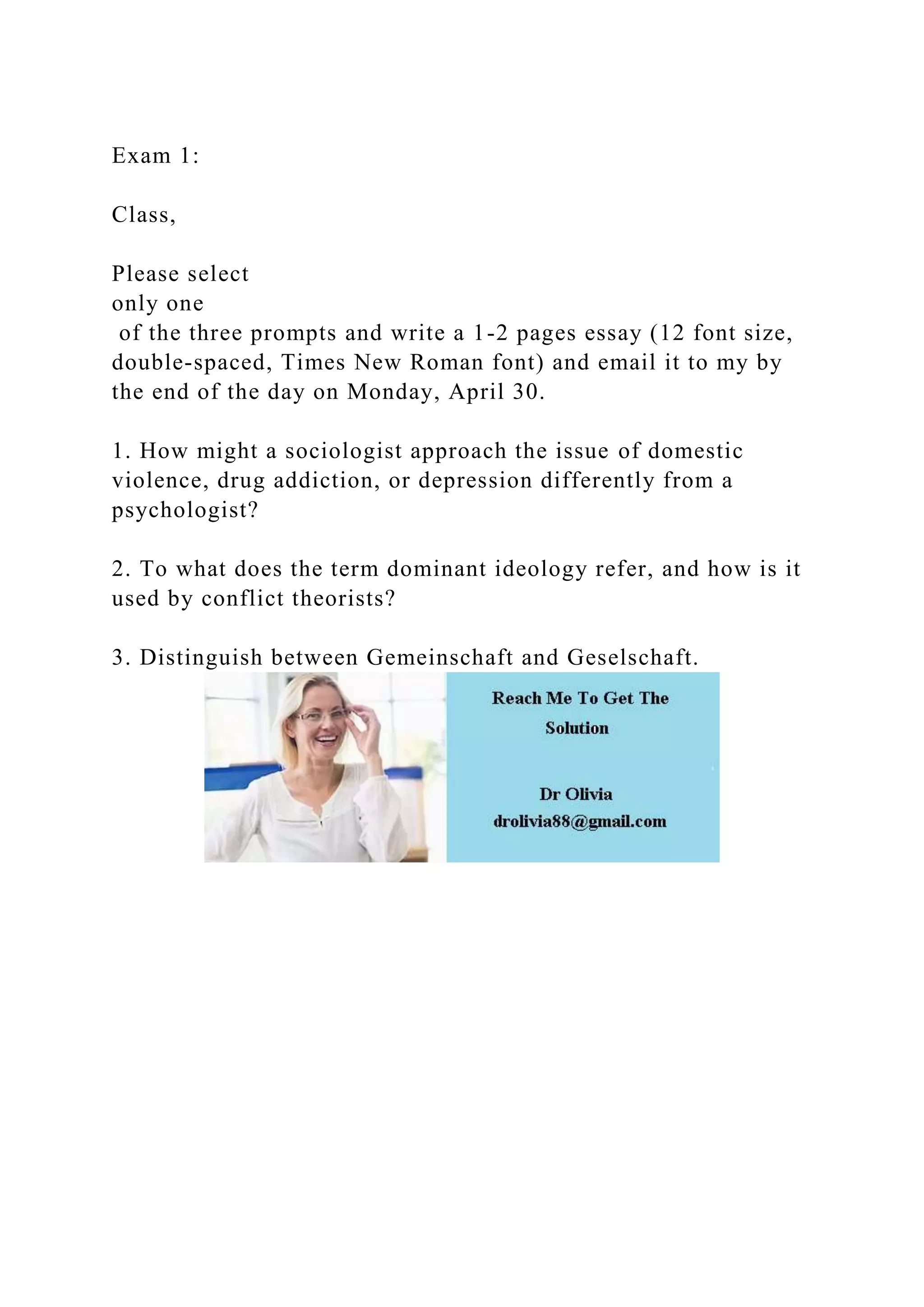 Exam 1Class,Please select only one of the three prompts | PDF