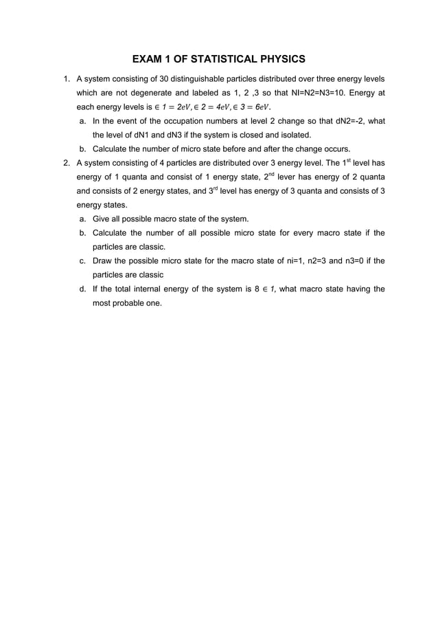Exam 1 of statistical physics | DOCX | Physics | Science