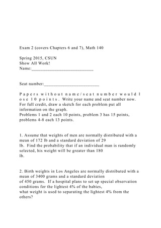Exam 2 (covers Chapters 6 and 7), Math 140 Spring 2015,.docx ...