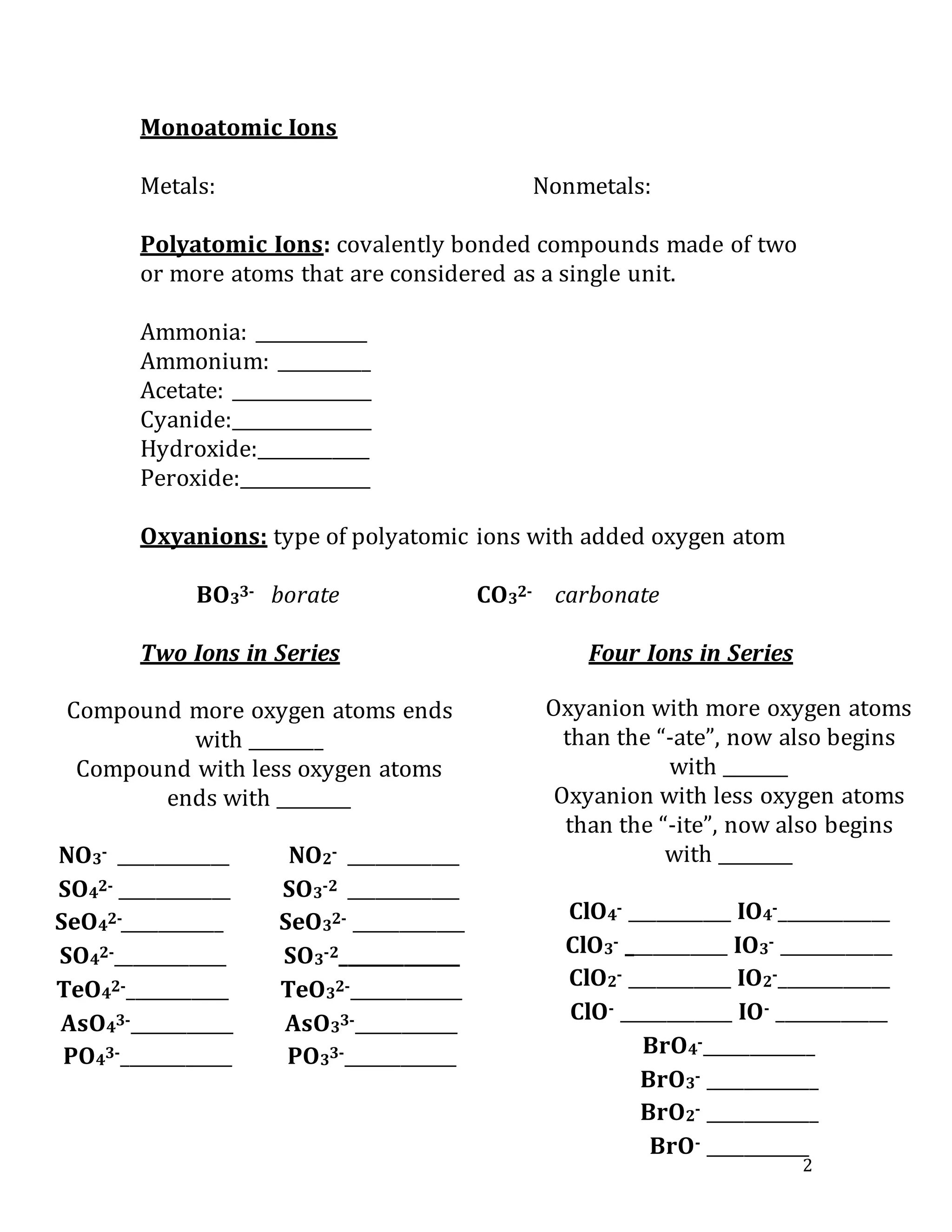 Exam 2 Naming for Oxyanion Series, Ionic/Covalent Compounds, Binary ...