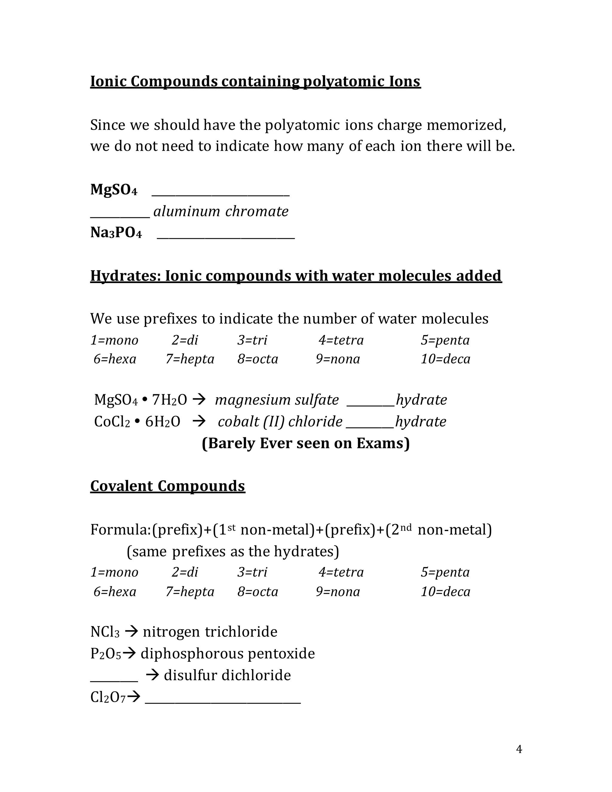 Exam 2 Naming for Oxyanion Series, Ionic/Covalent Compounds, Binary ...