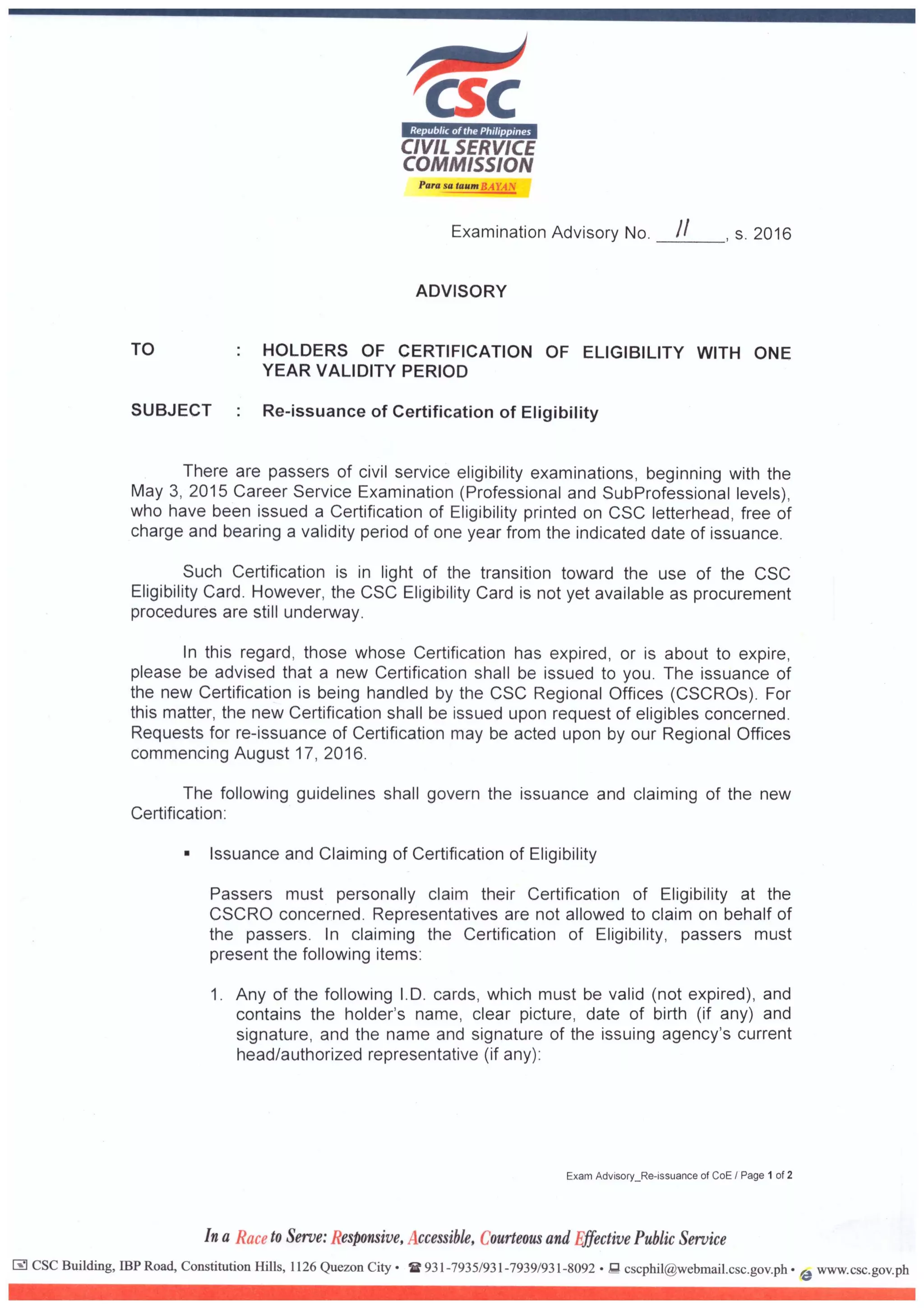 Certification of Eligibility - Exam advisory no. 11s2016 | PDF
