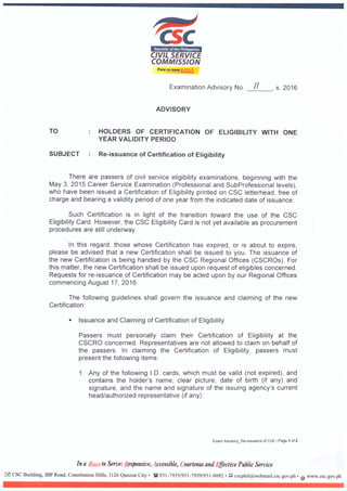 Certification of Eligibility - Exam advisory no. 11s2016 | PDF