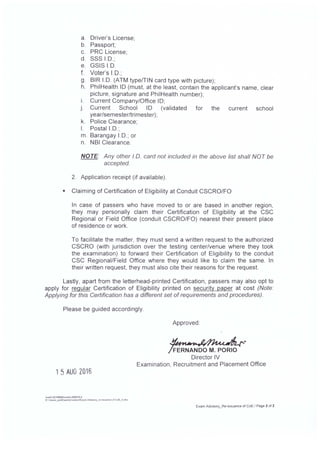 Certification of Eligibility - Exam advisory no. 11s2016 | PDF