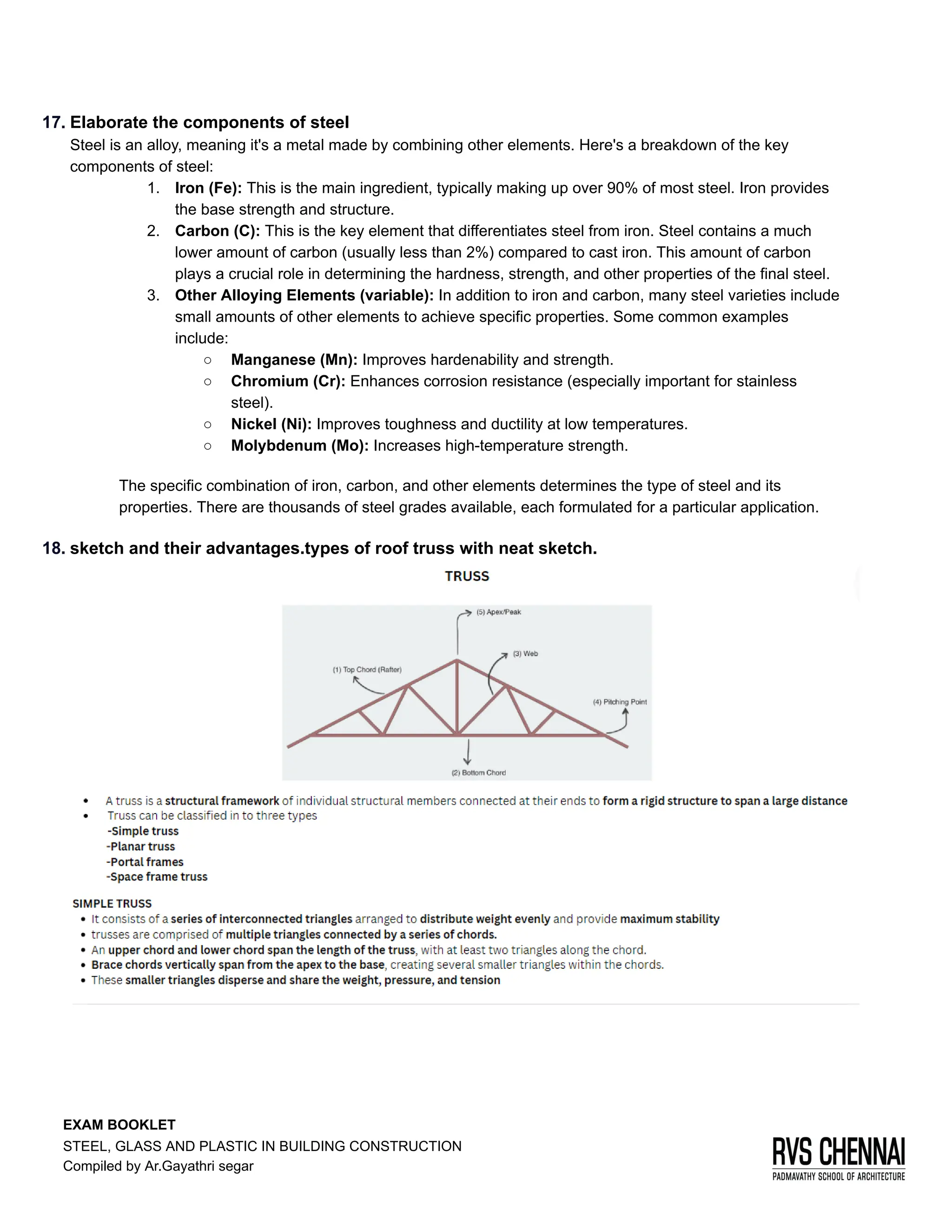 STEEL, GLASS, PLASTICS IN BUILDING CONSTRUCTION, EXAM BOOKLET, Sem 6, B arch, Architecture, Anna ...