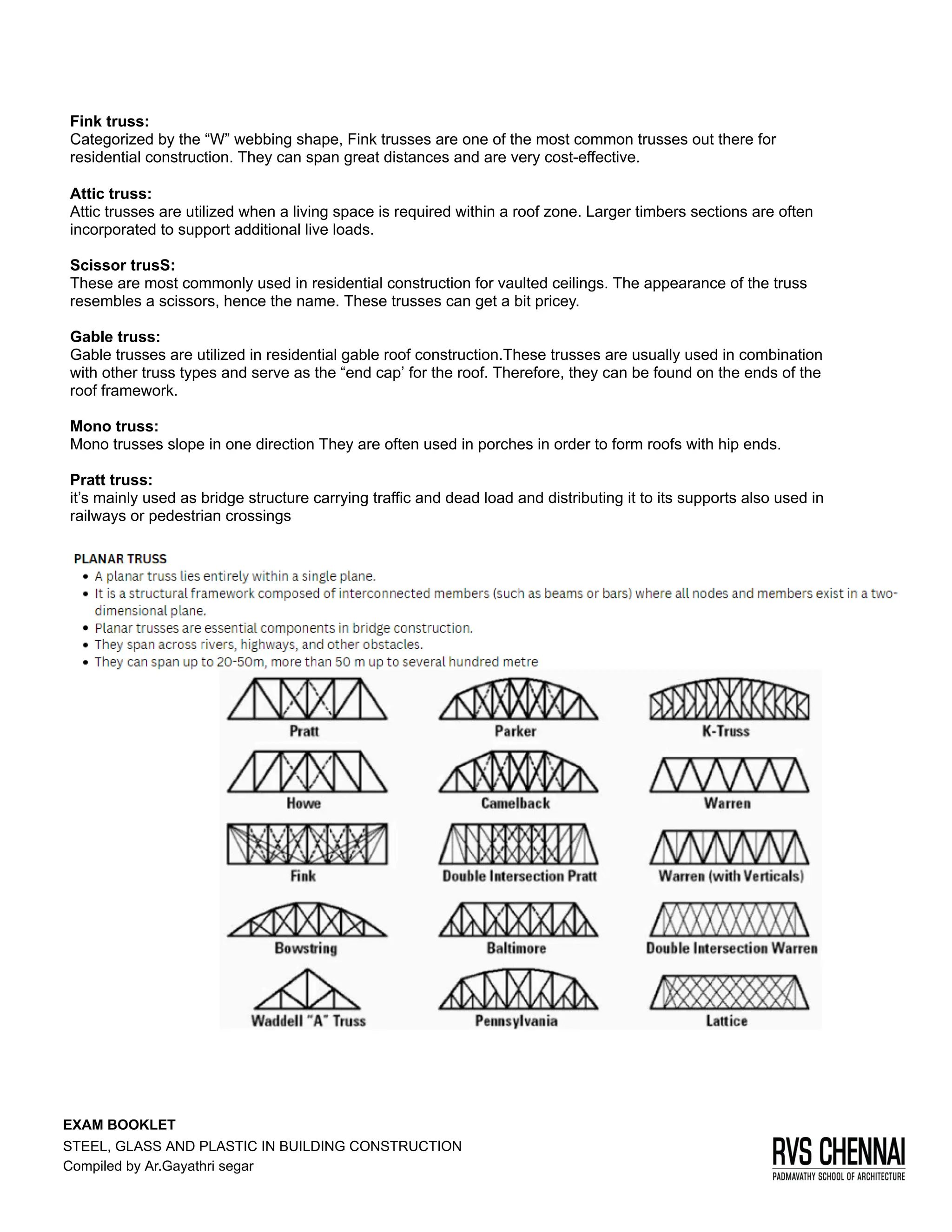 STEEL, GLASS, PLASTICS IN BUILDING CONSTRUCTION, EXAM BOOKLET, Sem 6, B arch, Architecture, Anna ...